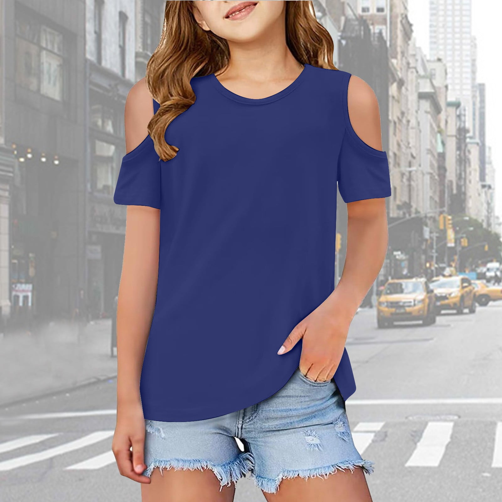 Girls Short Sleeve Shirts for Kids Cute Crew Neck Cold Shoulder Tee Top ...