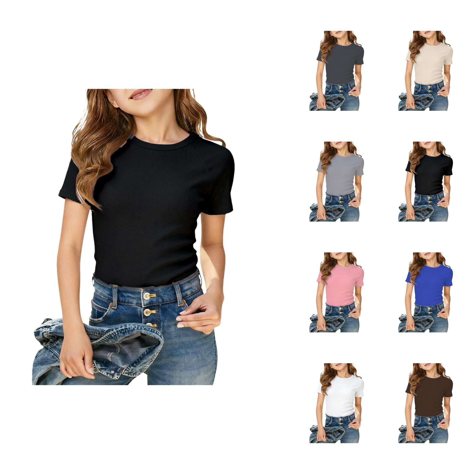 Girls Short Sleeve T Shirts Summer Slim Fit Crew Neck Tops Ribbed Knit ...