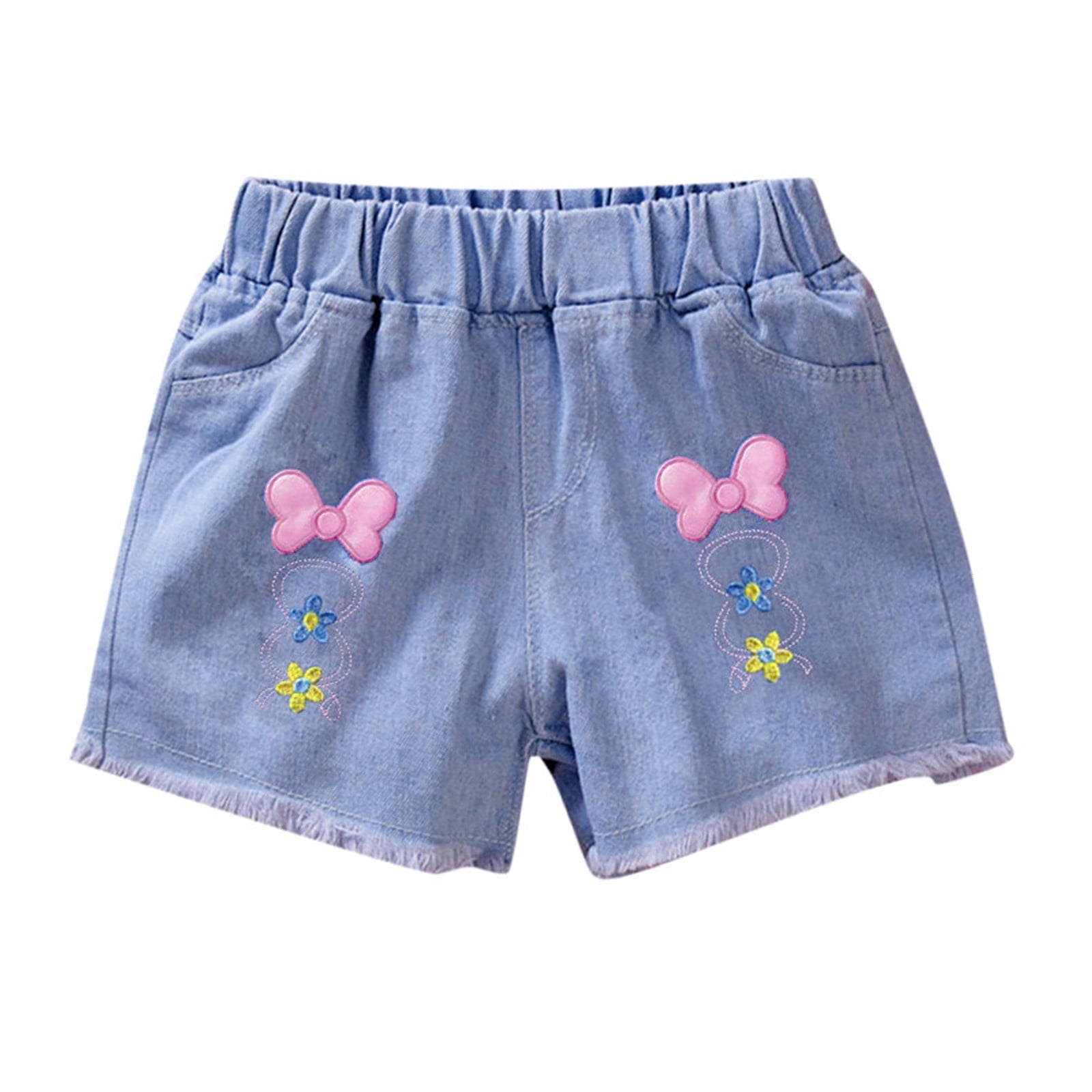 Girls Shorts Summer Elastic Waistband Flower Embroidery Denim Shorts ...