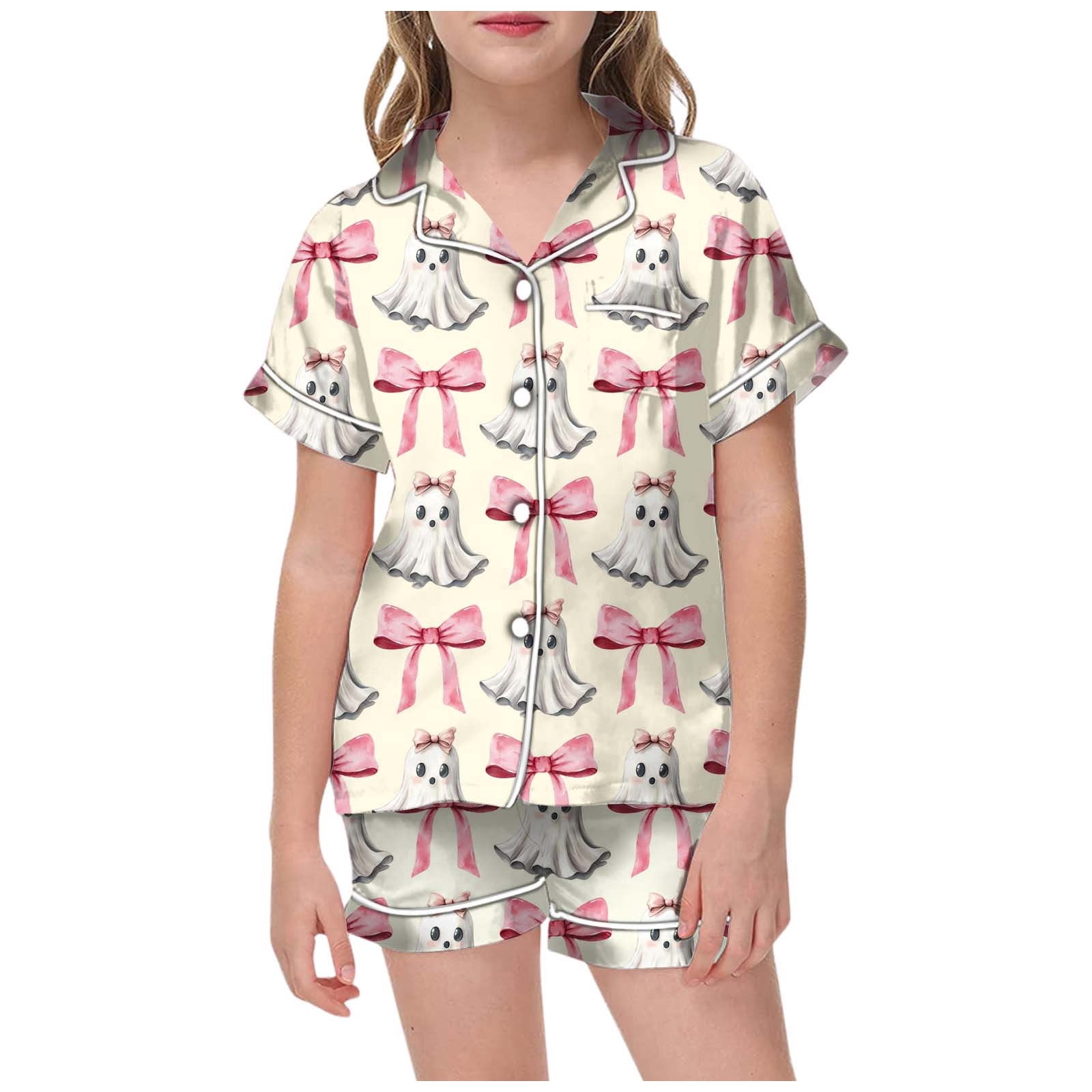 Girls Silk Pajamas Girls 2 Piece Bow Print Set Short Sleeve Elastic ...