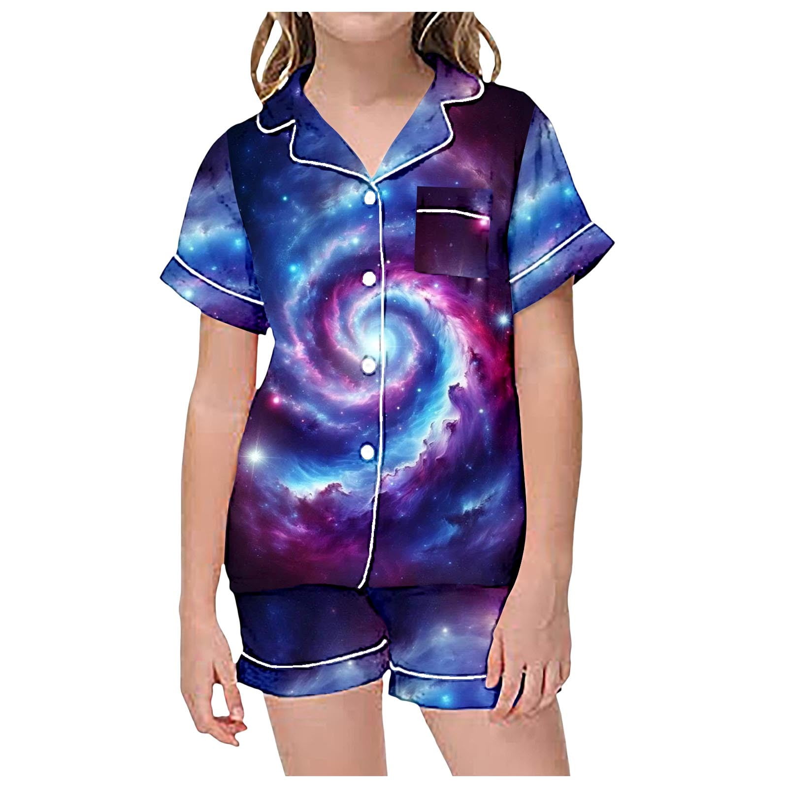 Girls Silk Pajamas Set Button Front Short Sleeve Loungewear Clothes Set ...