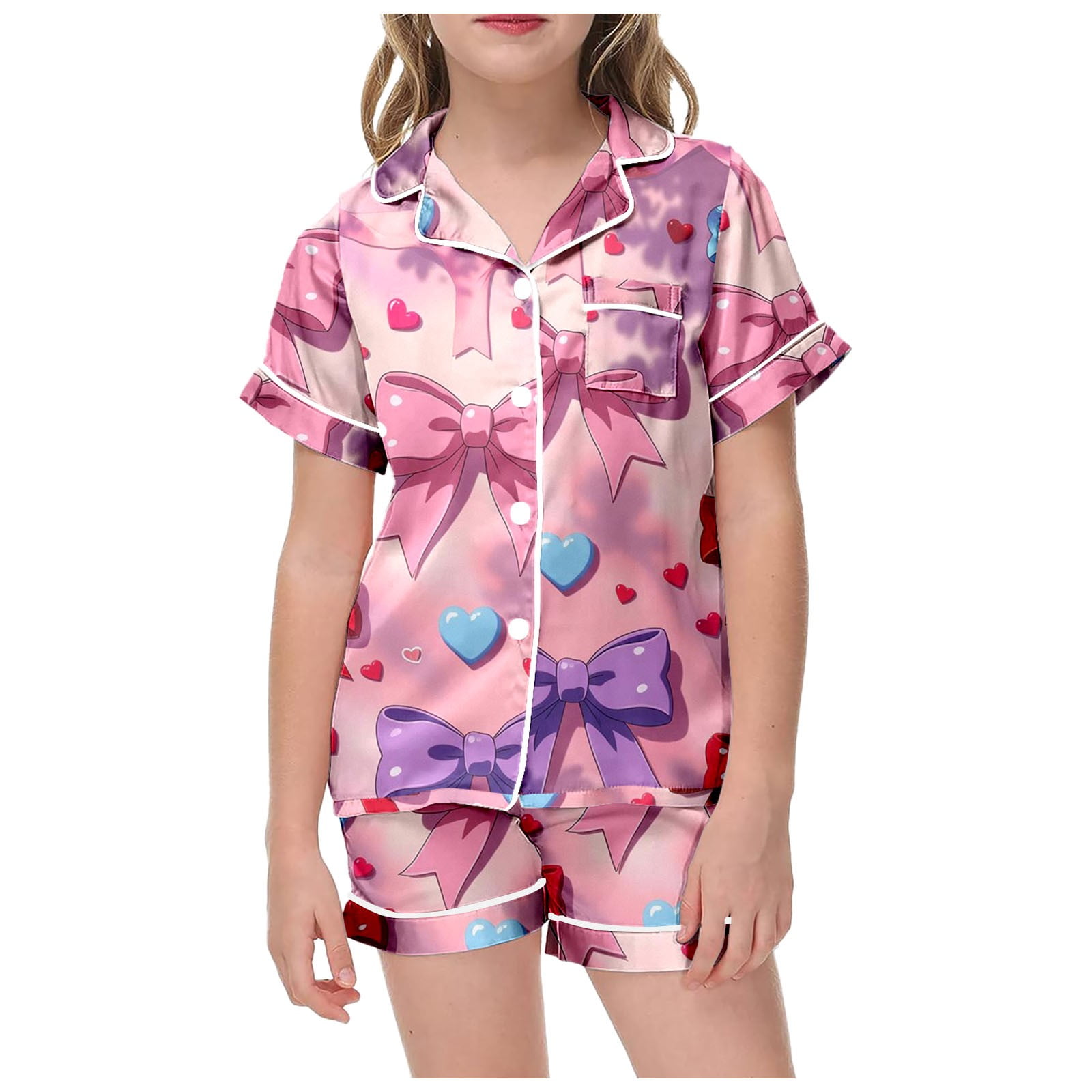 Girls Silk Pajamas Set Children's Valentine's Day Printed Short Sleeved ...