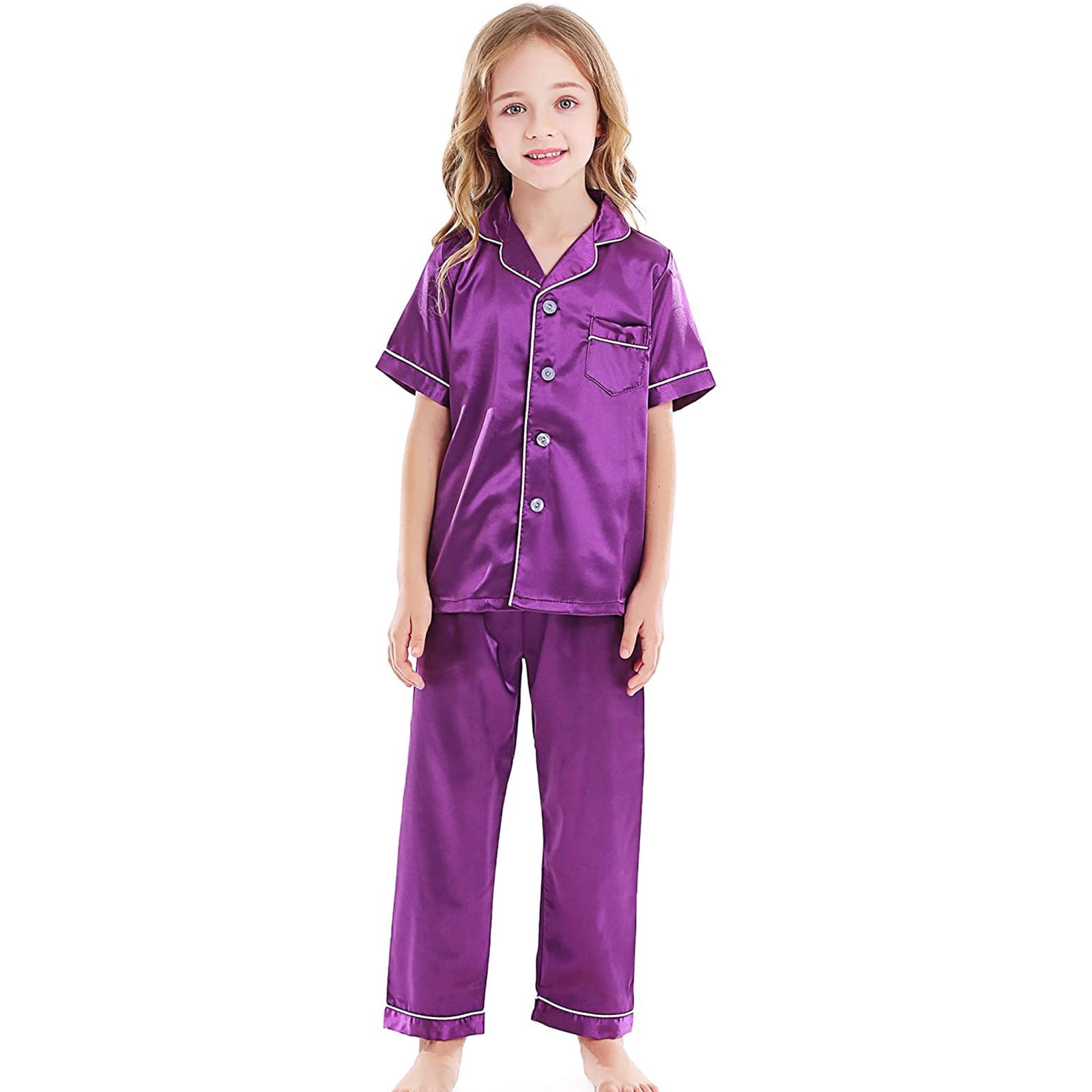 Girls Silk Pajamas Set Girls' Pajama Sets Button Down Solid Tops T ...