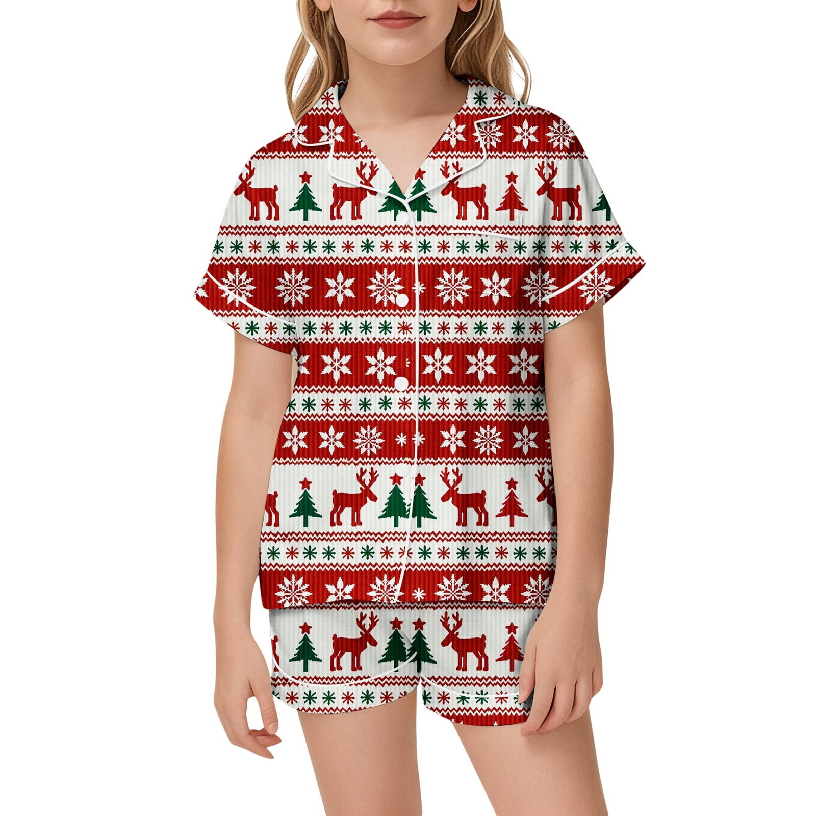 Girls Silk Pajamas Set Satin Cute Cozy Soft Santa Claus Pattern Button ...