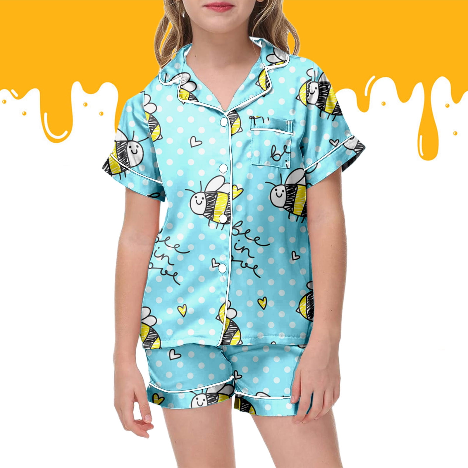 Girls Silk Pajamas Sets Cartoon Bee Print Short Set Sleepwear for ...