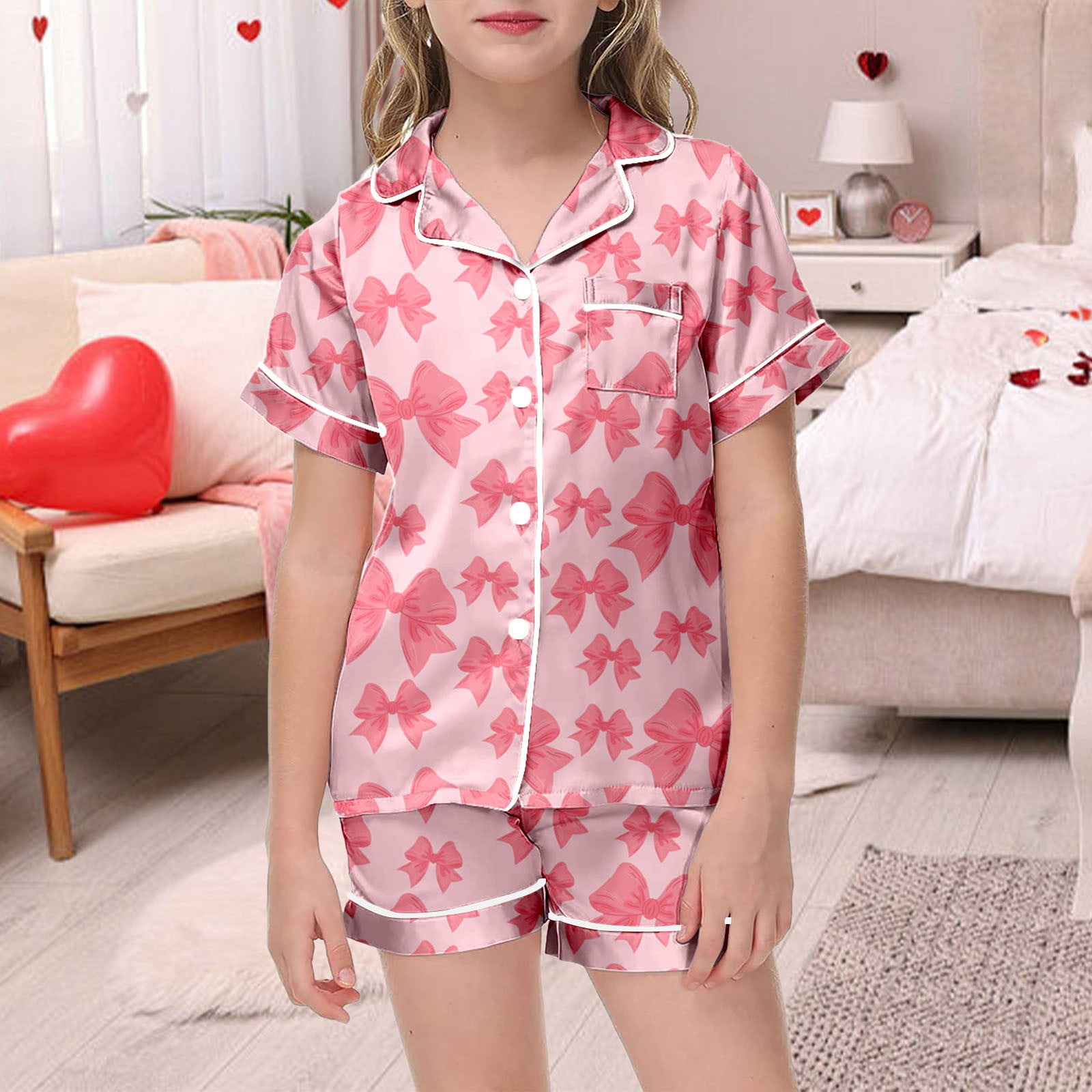 Girls Silk Pajamas Size 9 Bow Print Short Sleeve Pjs Comfortable Button ...