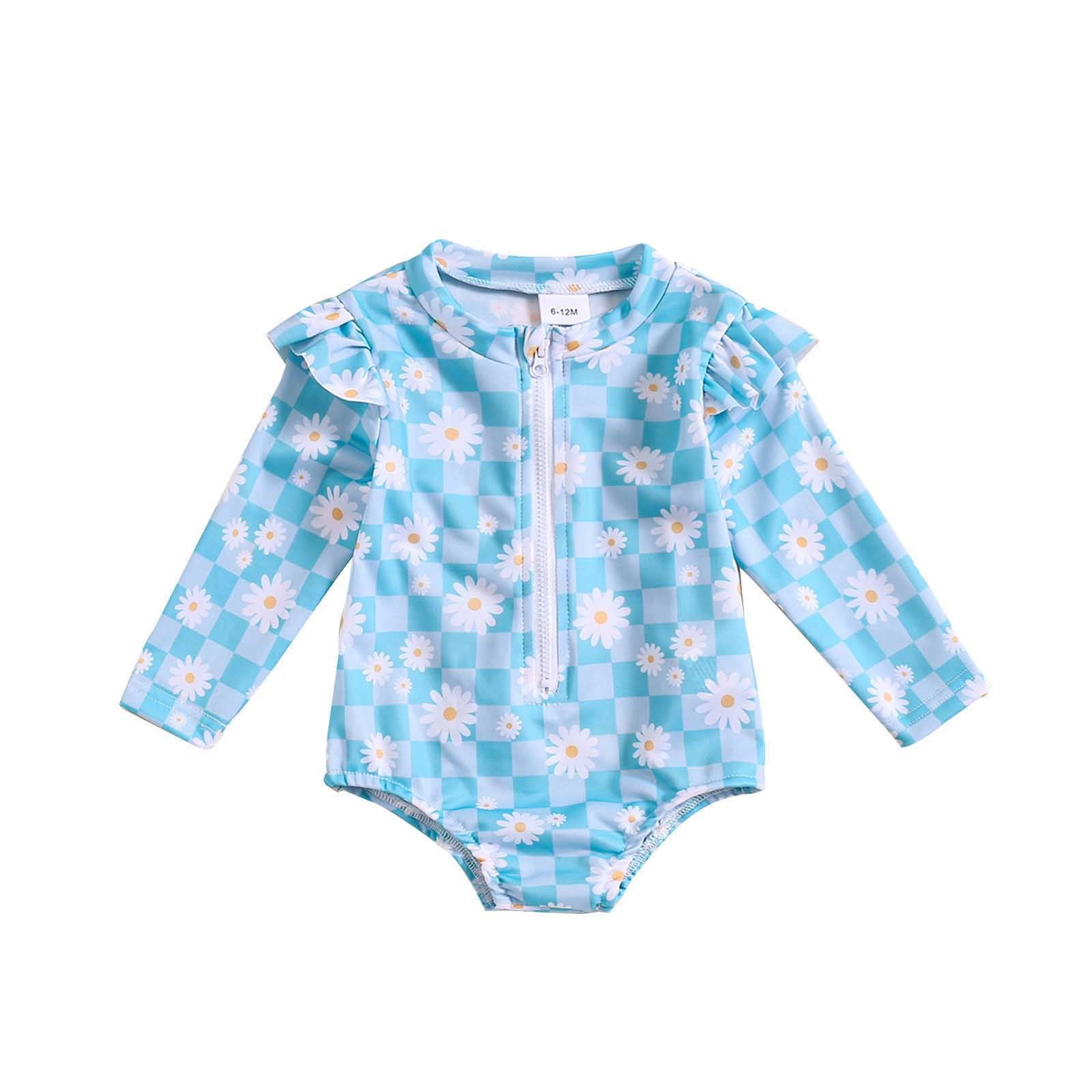 Girls Size 8 Swimsuit Long Sleeve Floral Print Ruffle Zipper Rash Guard ...