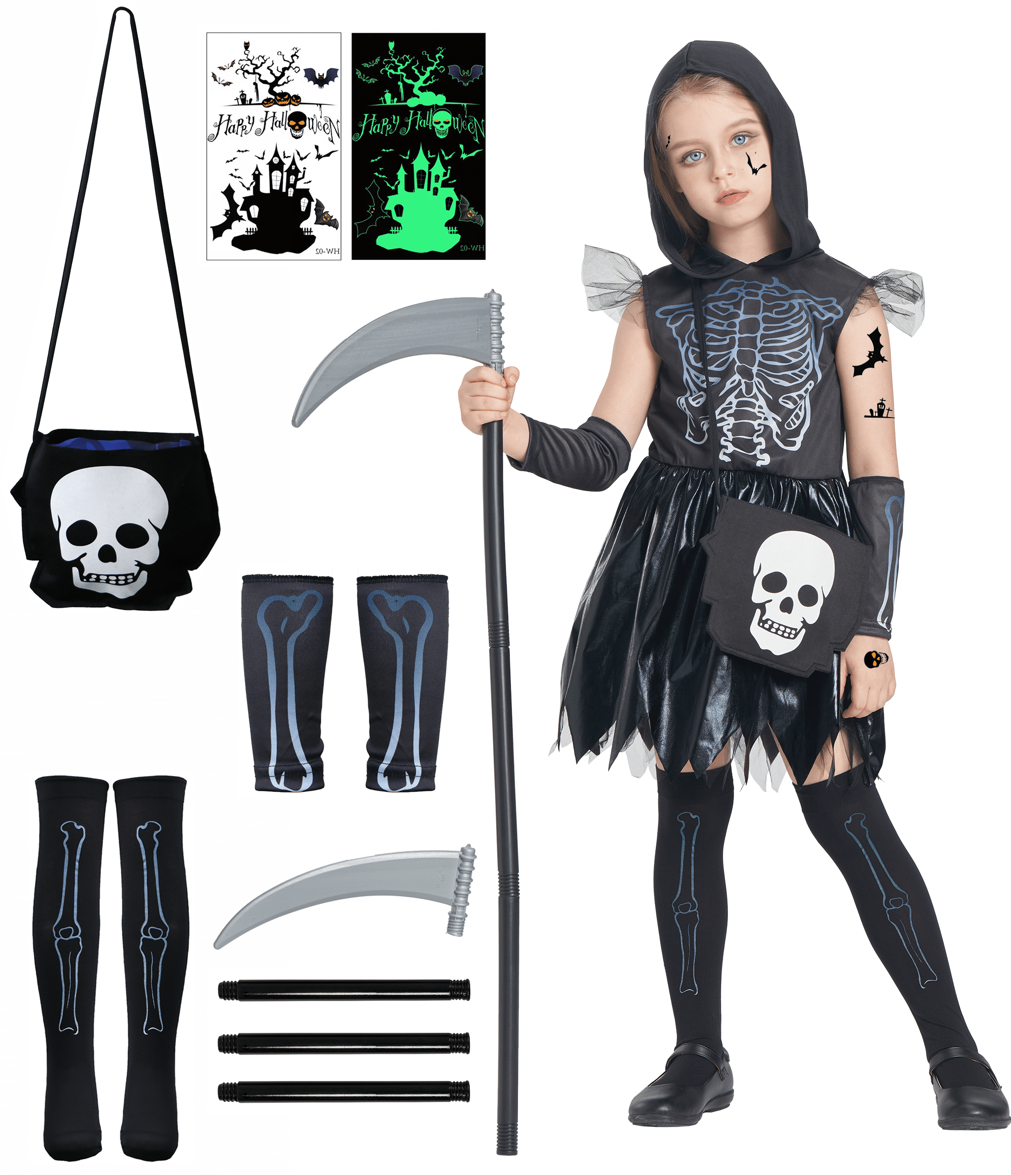 Girls Skeleton Costume Grim Reaper with Bag for Kids Halloween Party ...