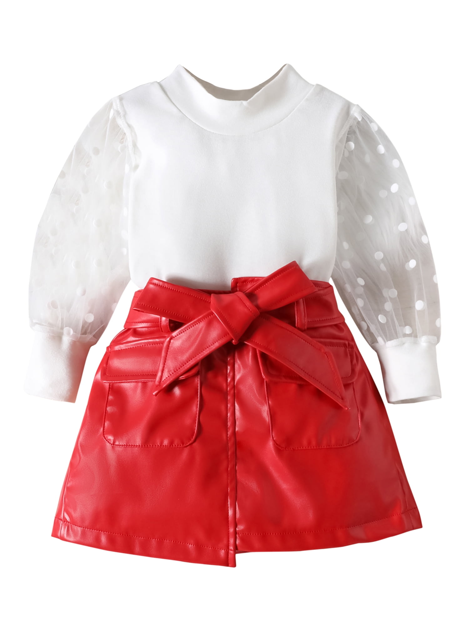 Girls Skirt Outfits Mesh Long Sleeve Mock Neck Tops And Leather Mini Skirt Set
