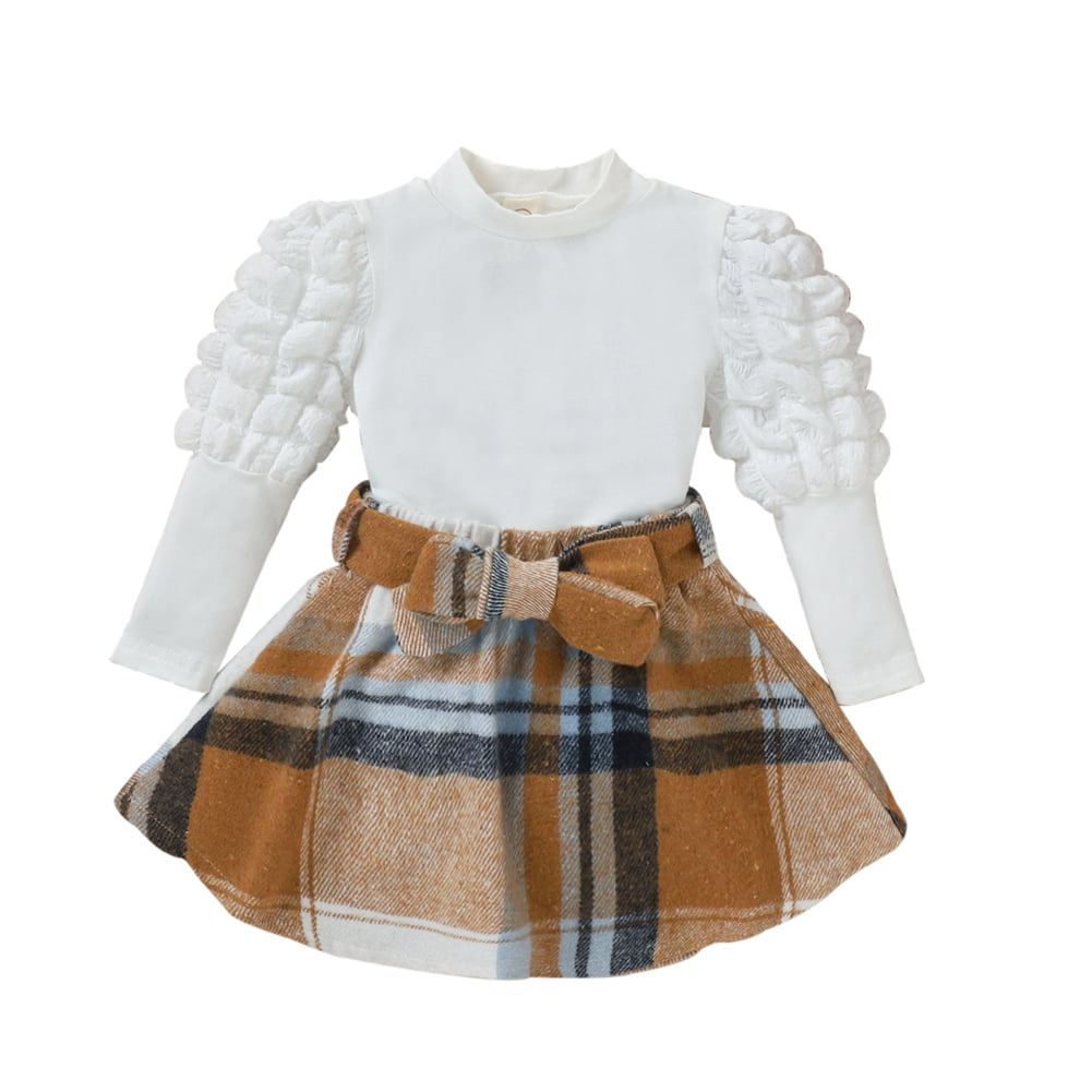 Girls' Skirt Sets Plaid Skirt Solid Color Tops Long Bubble Sleeves Top ...