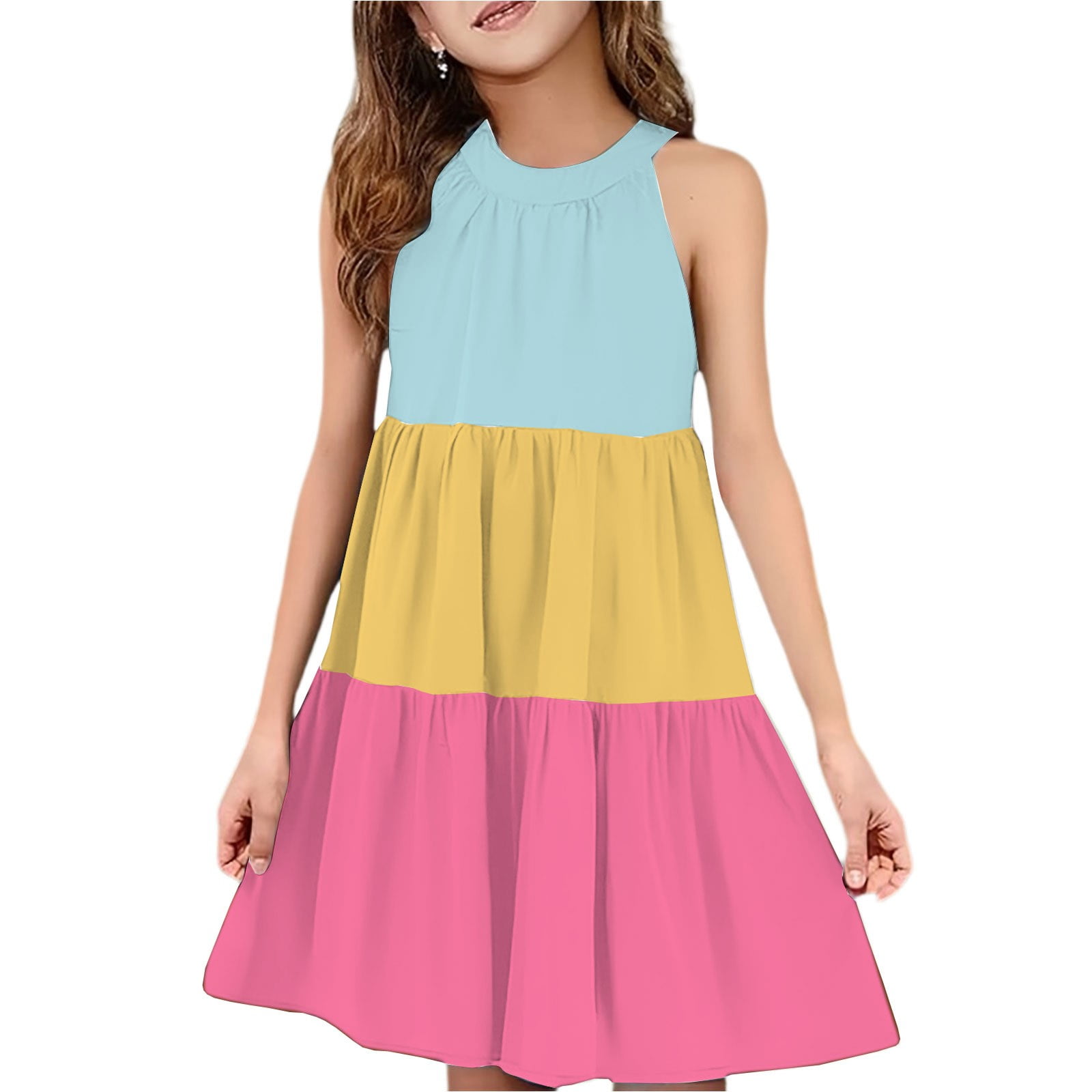 Girls' Sleeveless Color Block Dress Summer Casual Sundress Skater Swing ...