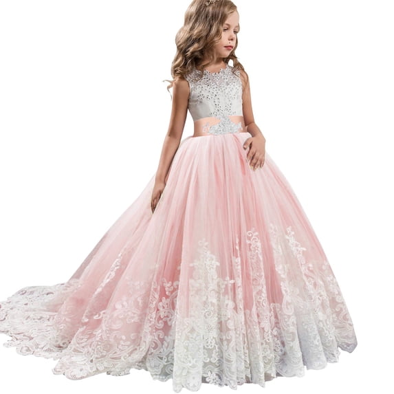 Girls Sleeveless Embroidered Tulle Maxi Dress with Lace Overlay and ...