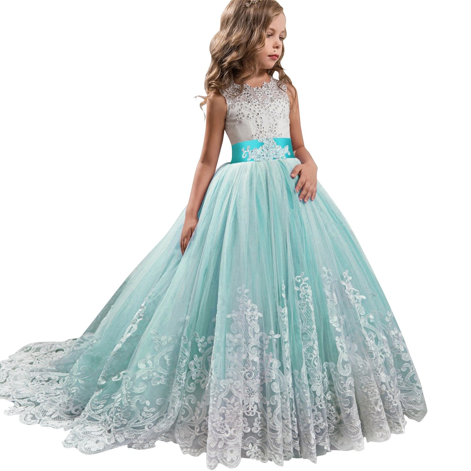 Girls Sleeveless Embroidered Tulle Maxi Dress with Lace Overlay and ...