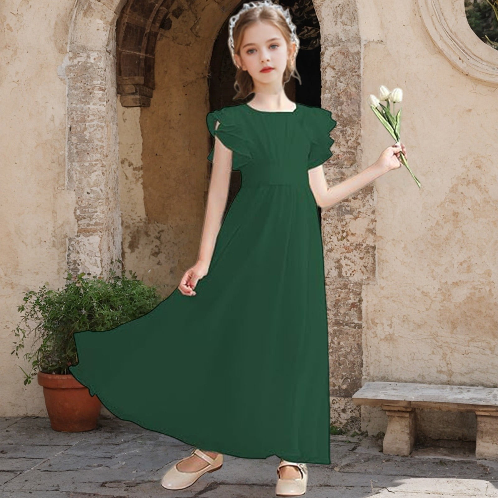 Girls Sleeveless Flower Girl Dress, Solid Color A-Line Ruffle Shoulder ...