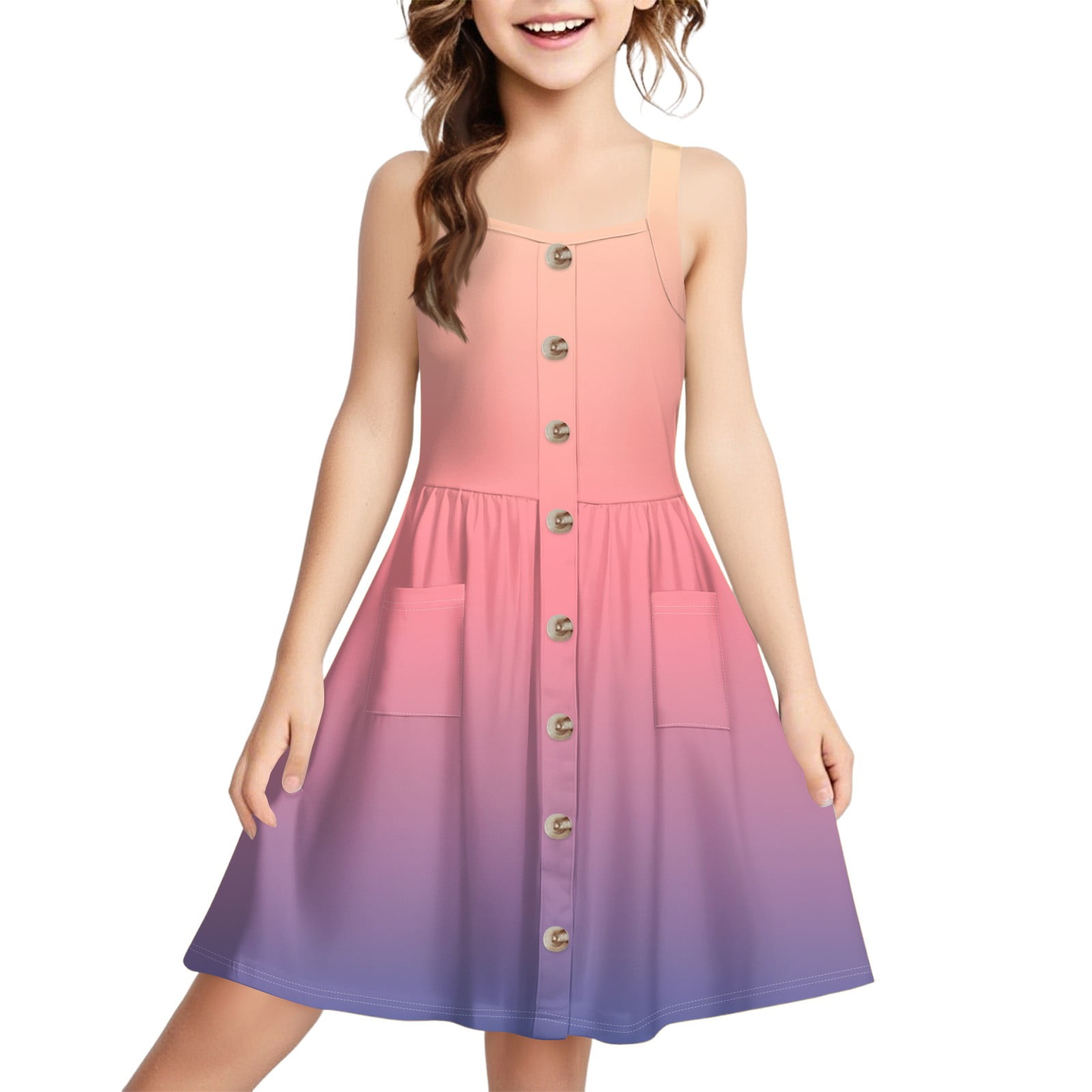 Girls' Sleeveless Gradient Sundress with Button Front and Pockets ...