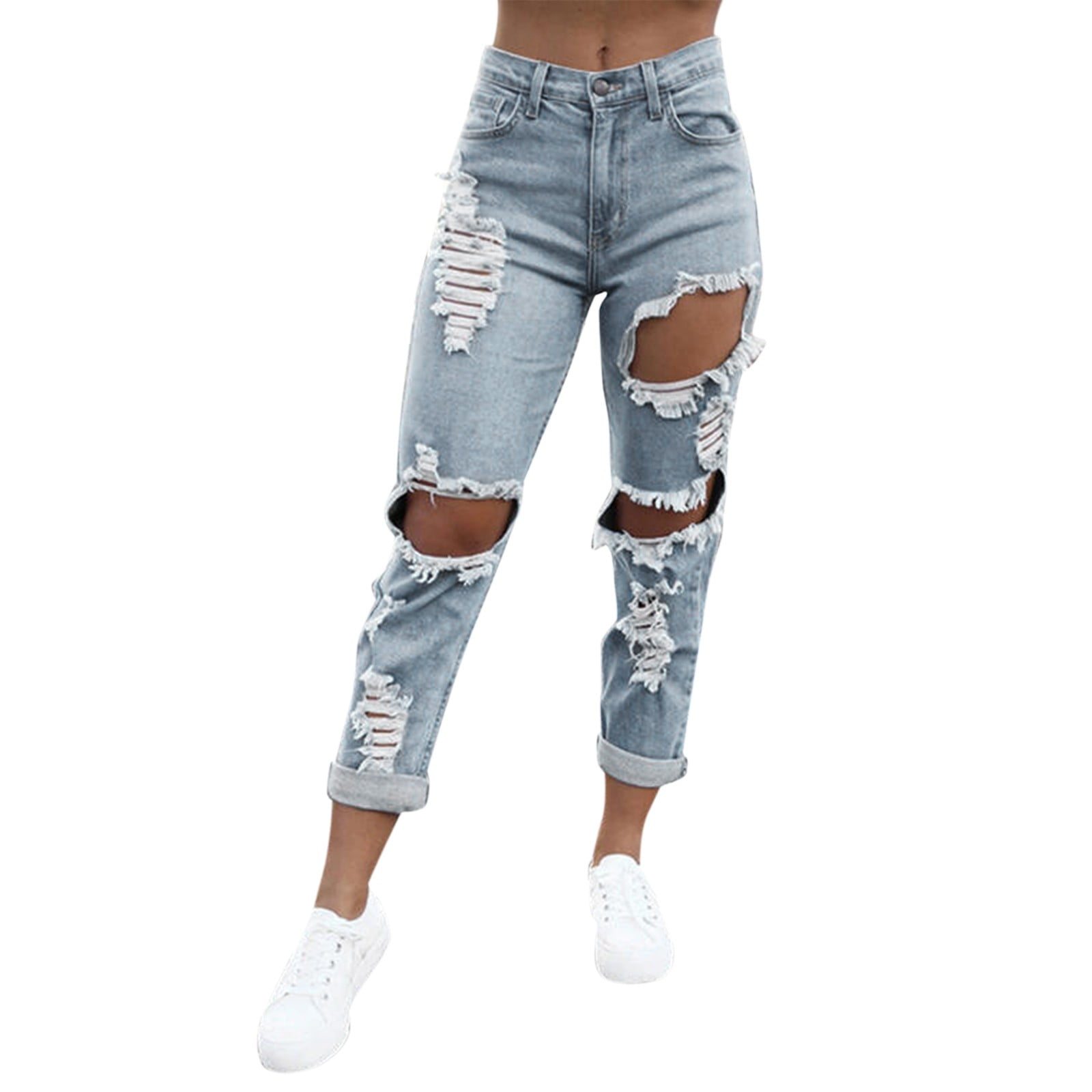 Girls' Slim Fit Straight Barrel Perforated Street Fashion Denim Pants ...