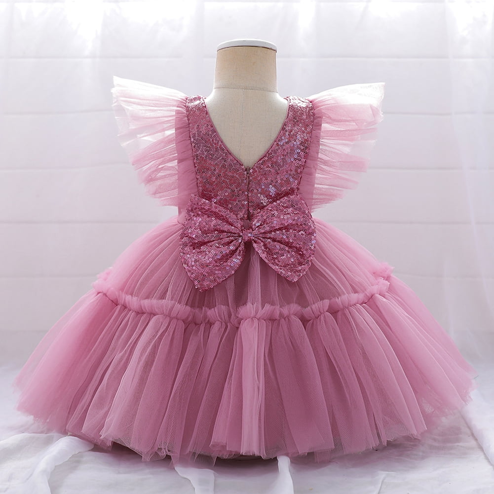 Girls' Small Flying Sleeve Mesh Sequin One Year Old Dress, Toddler ...