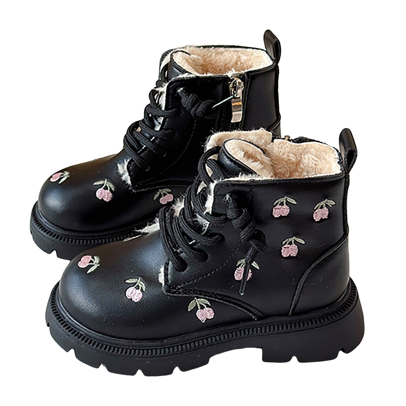 Girls Snow Boots Thickened Warm Furry Lined Floral Embroidery Lace up ...