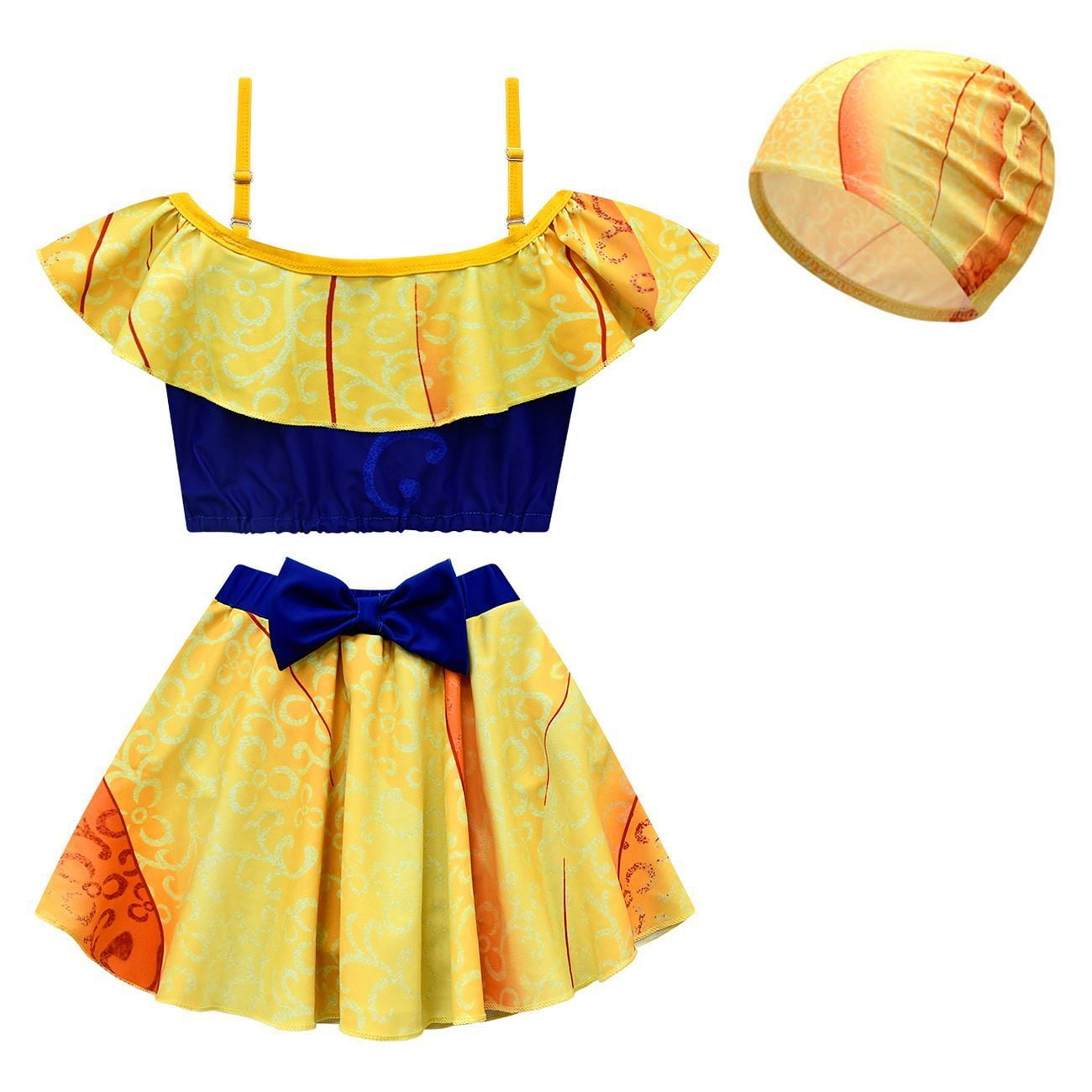 Girls Snow White Swimsuit Princess Two Piece Bathing Suit Tankini Wswim Cap Size 2 8