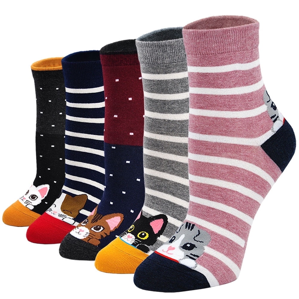 LOFIR Girls Socks, Toddler Girl Cartoon Cat Crew Socks, 7-9 Years, 5 ...