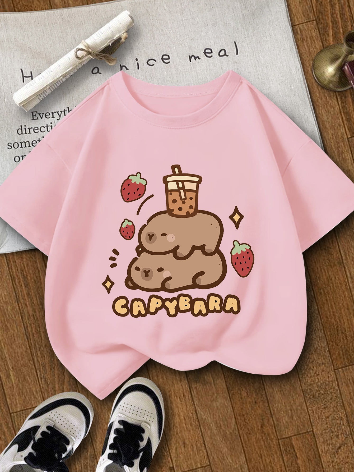 Girls' Soft & Stretchy Pink Capibara Graphic Tee - Cute Cartoon Boba ...