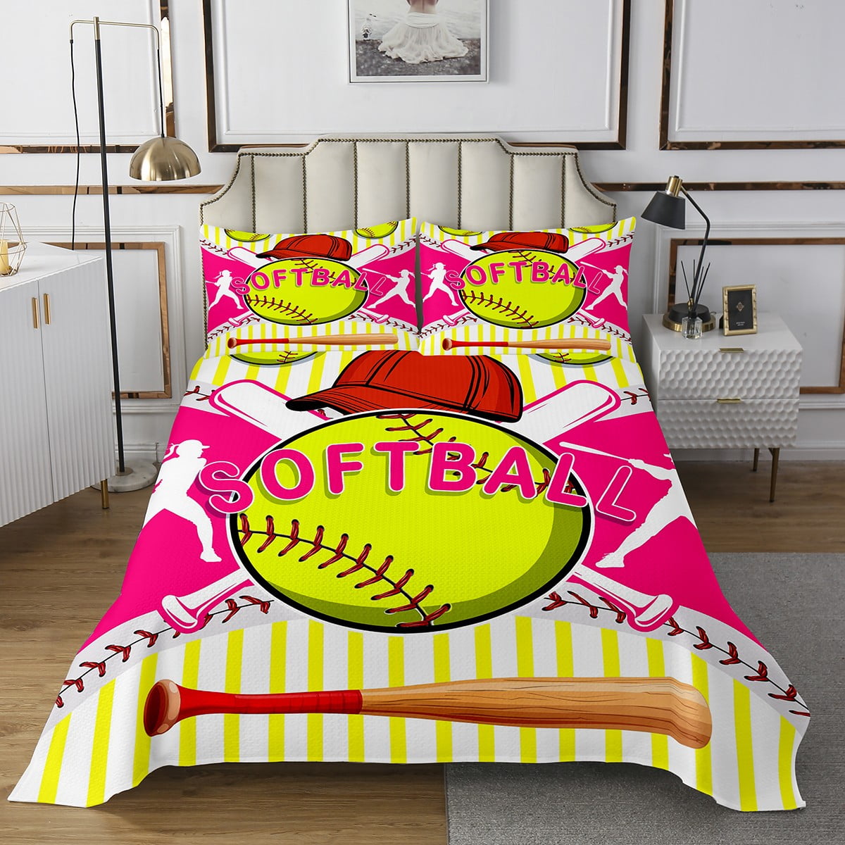 Girls Softball Bedding Set Queen Size,Softball Quilt Set for Kids ...