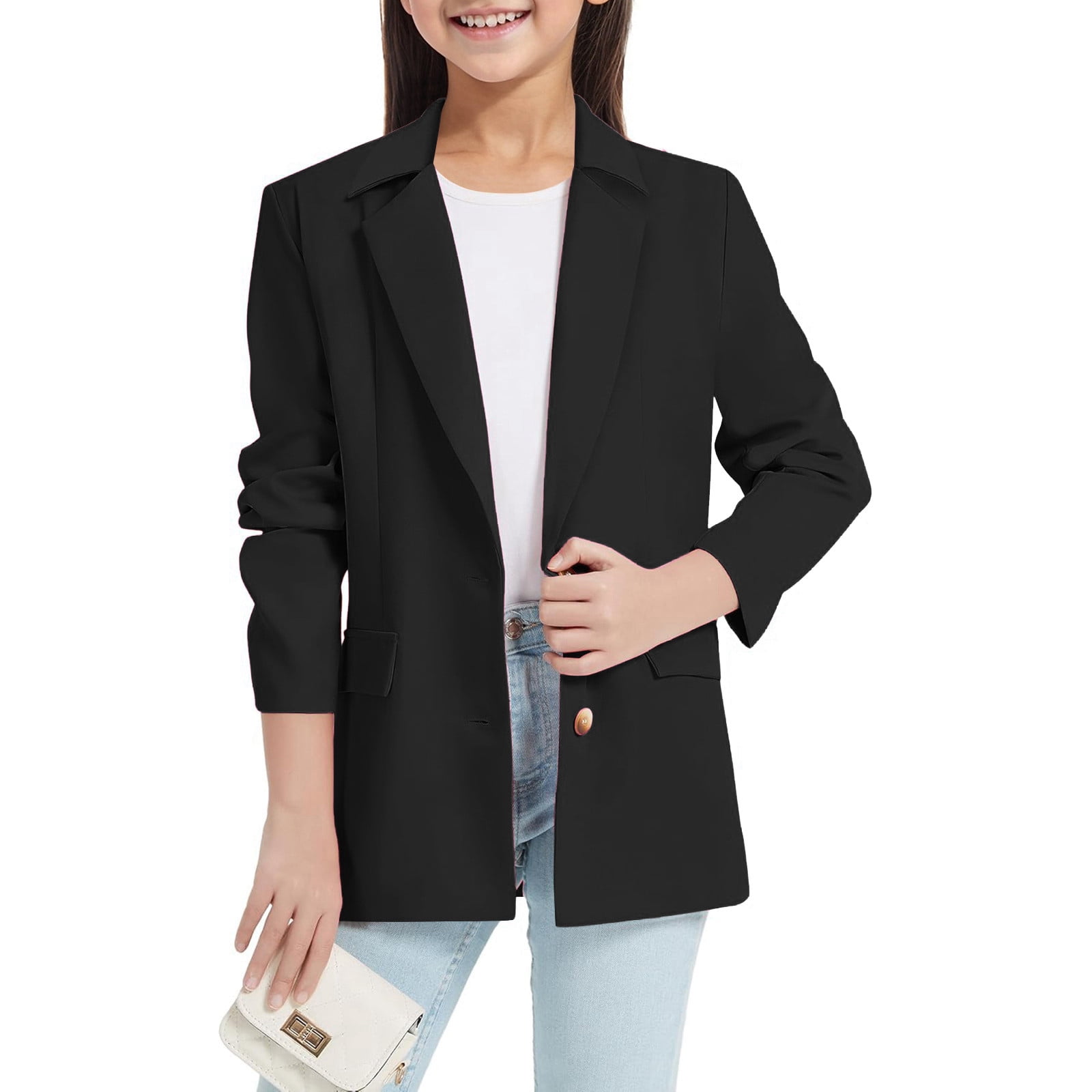Girls Solid Blazer Jacket Long Sleeve Shawl Collar Open Front Inner ...