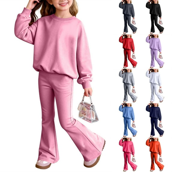 Girls Solid Color Casual Set - Long Sleeve Crewneck Top & Relaxed Fit ...