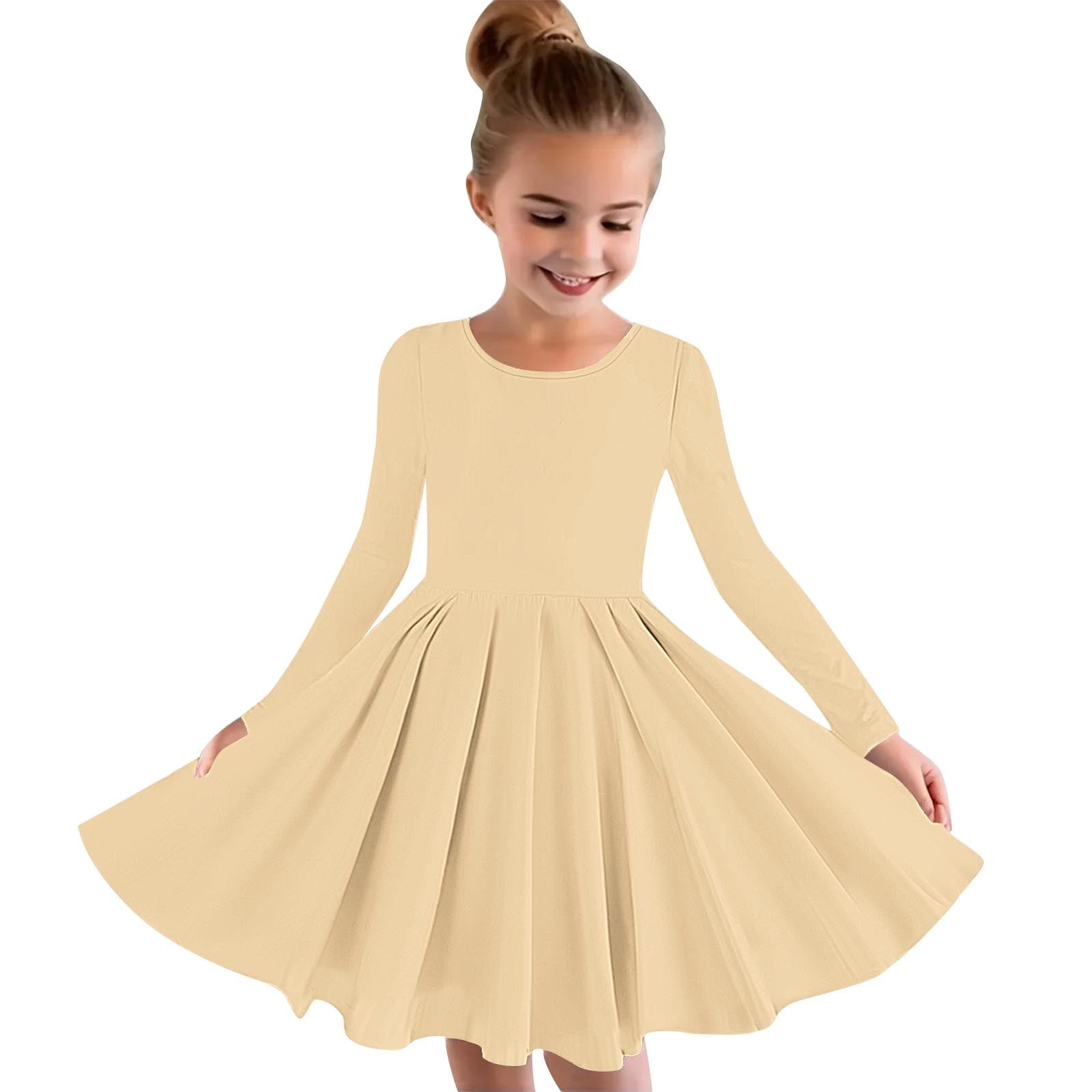 Girls Solid Color Long Sleeve Stretchy Dress A Line Twirly Skater ...
