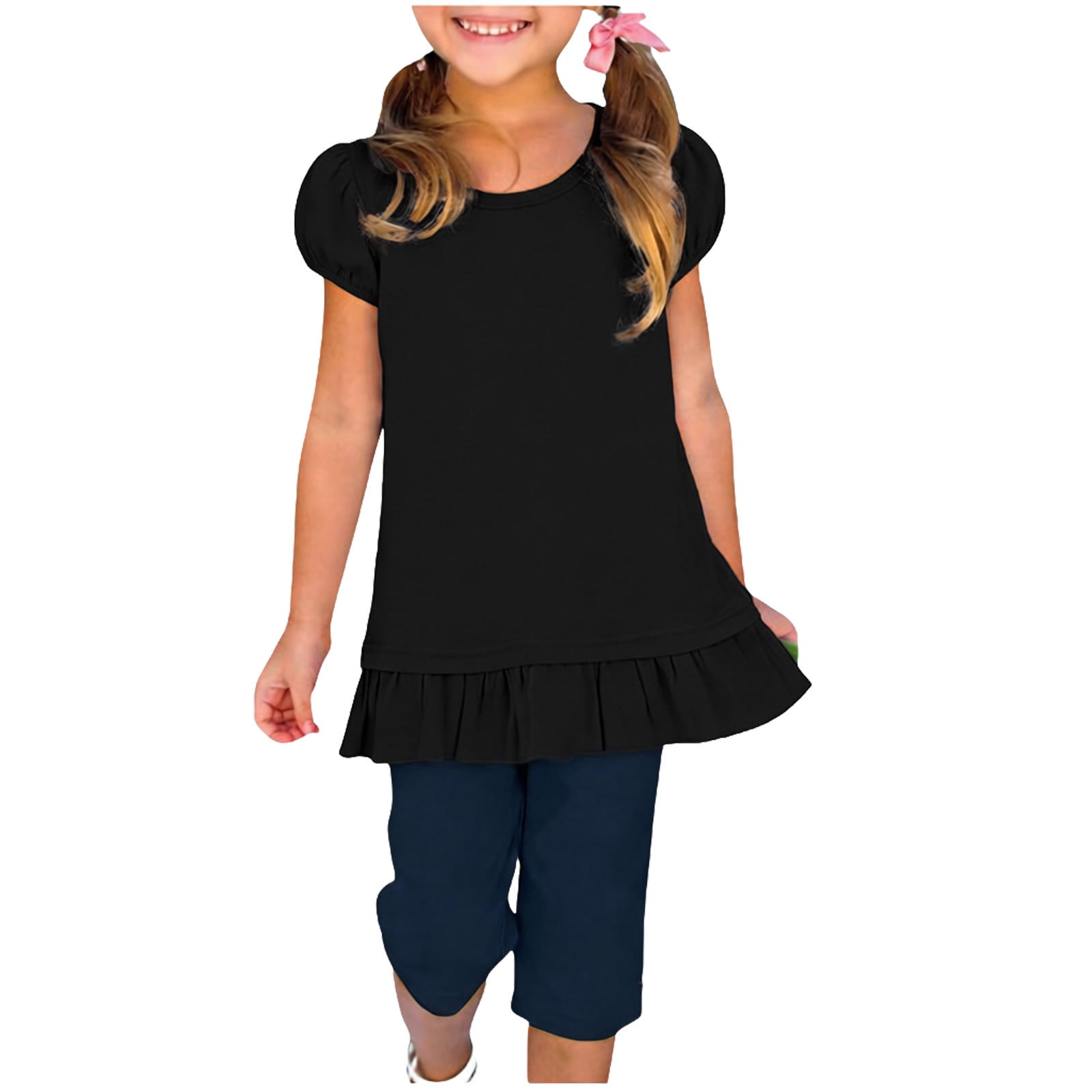 Girls' Solid Color Puffed Sleeve Short Sleeve Round Neck Ruffle T-Shirt ...