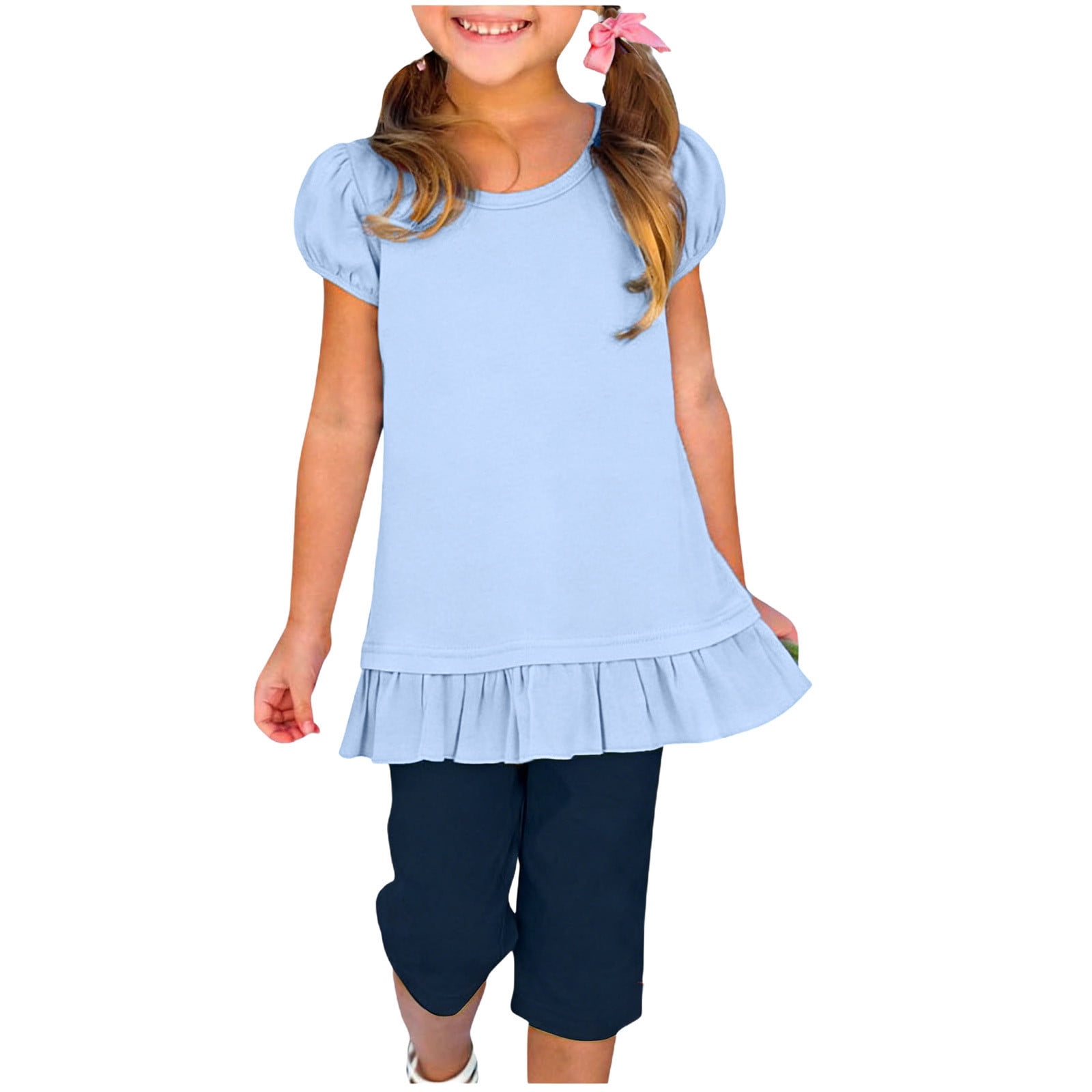 Girls' Solid Color Puffed Sleeve Short Sleeve Round Neck Ruffle T-Shirt ...