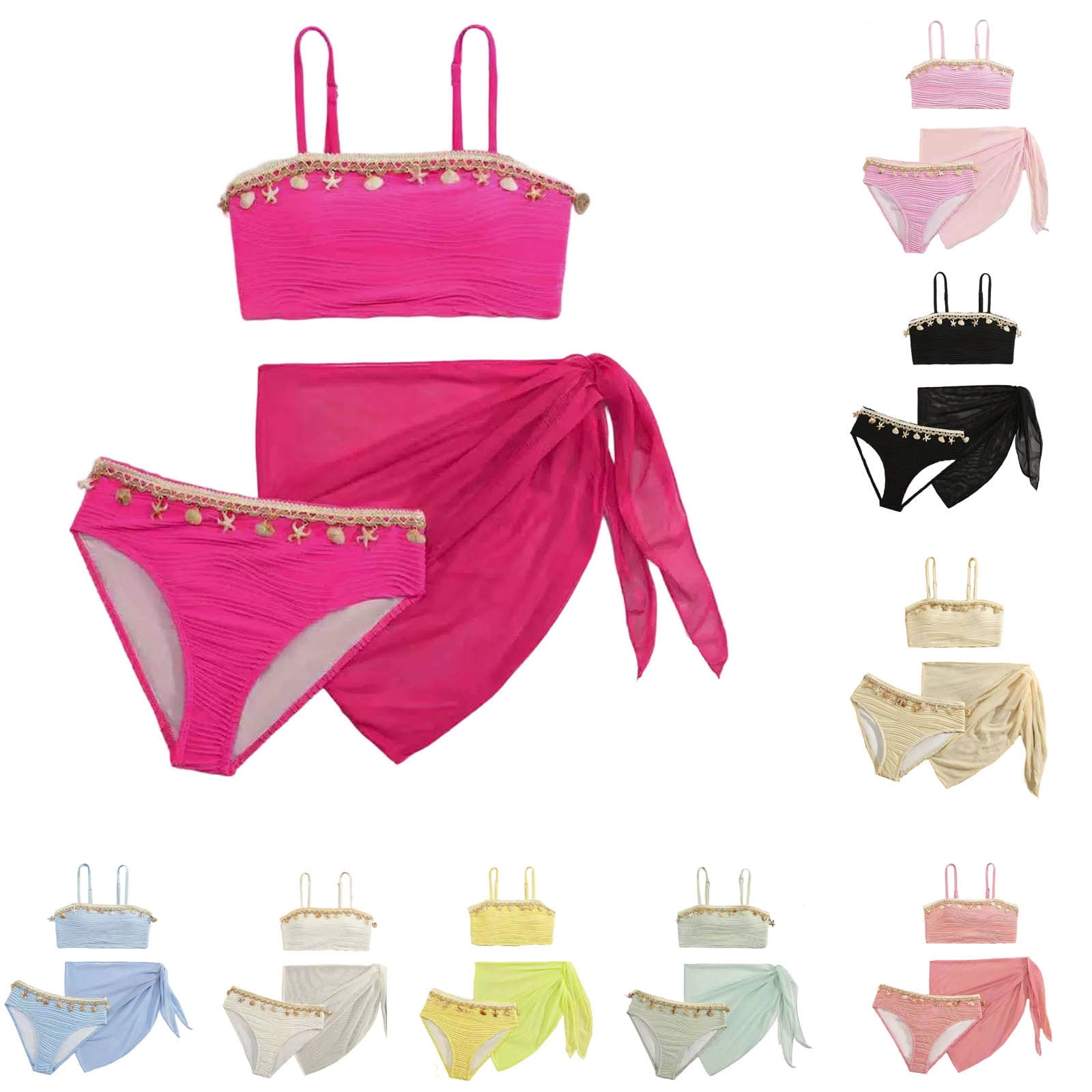 Girls' Solid Color Swimsuit Summer 3 Piece Bathing Suits Beach Swimwear ...