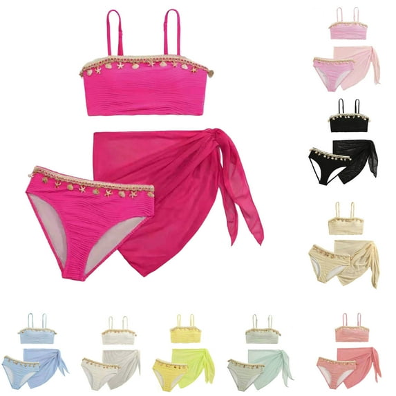 Girls' Solid Color Swimsuit Summer 3 Piece Bathing Suits Beach Swimwear ...