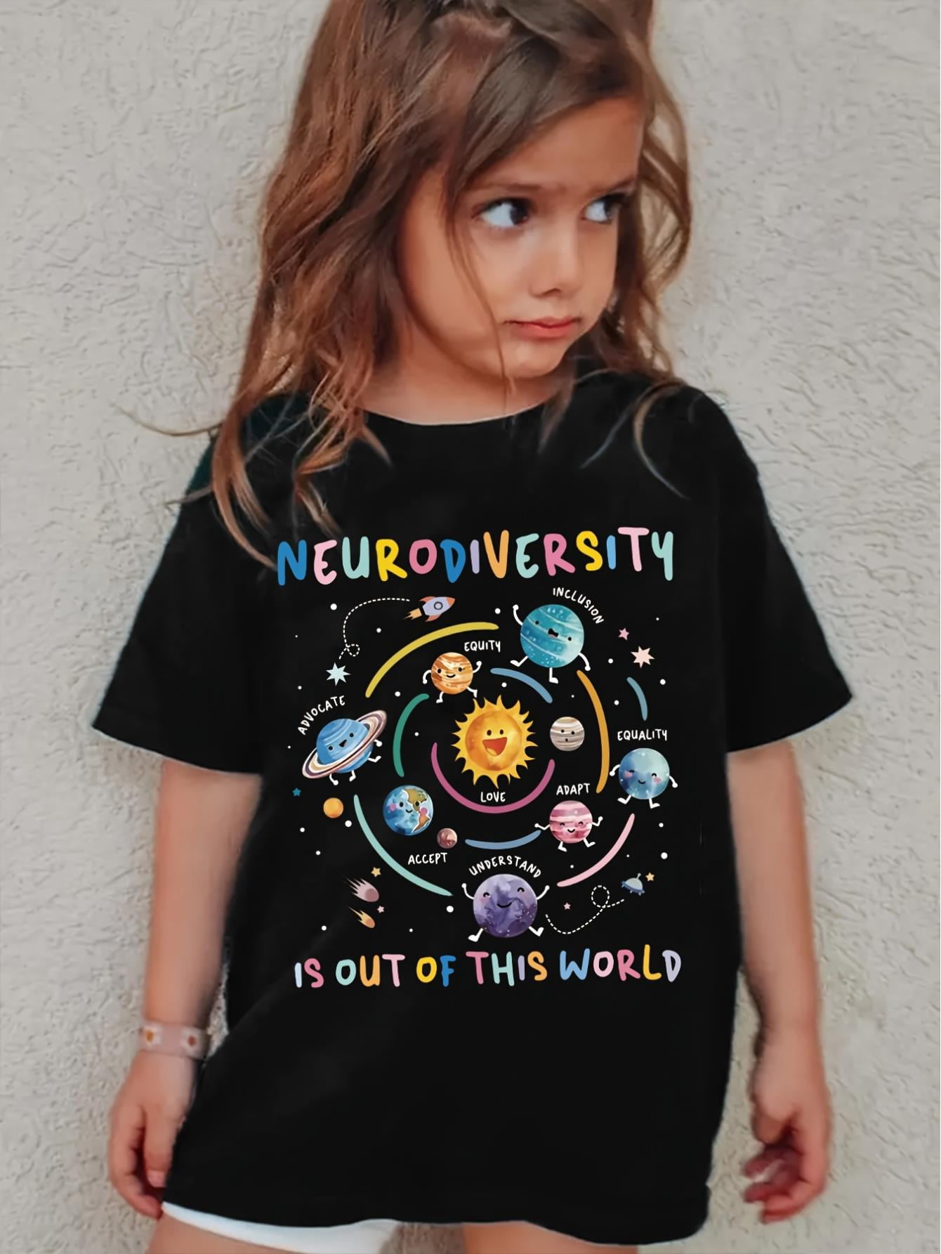 Girls' Space Diversity Print T-Shirt, Cute Crew Neck Knit Top, 100% ...