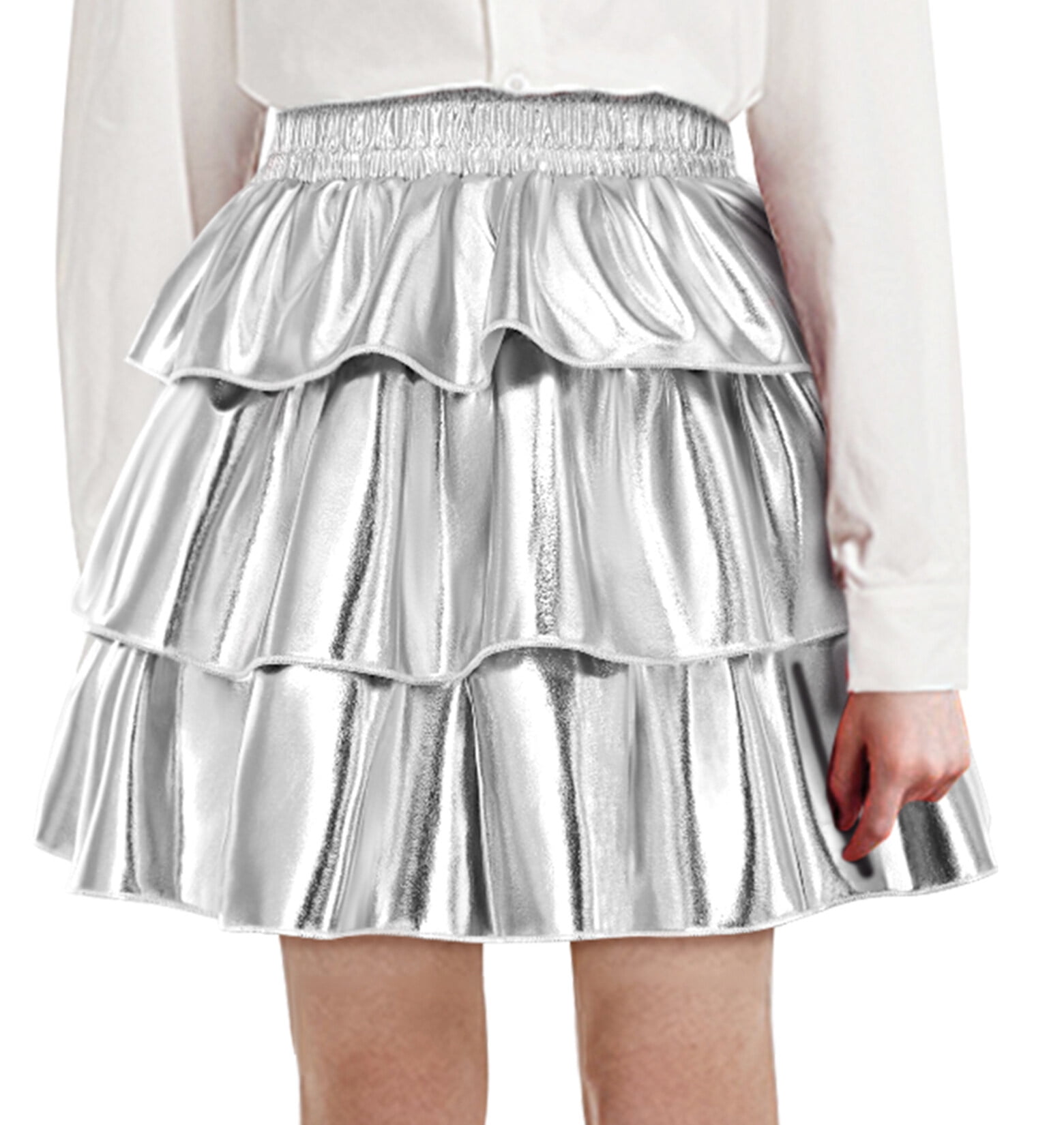 Girls Sparkle Metallic Skirts 3-Layer Ruffle Shiny Skirt High Elastic ...
