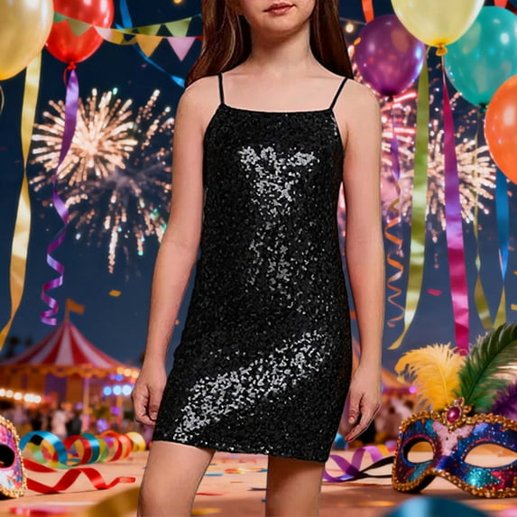 Girls Sparkly Dress School Dance Party Sequin Spaghetti Strap Dress ...