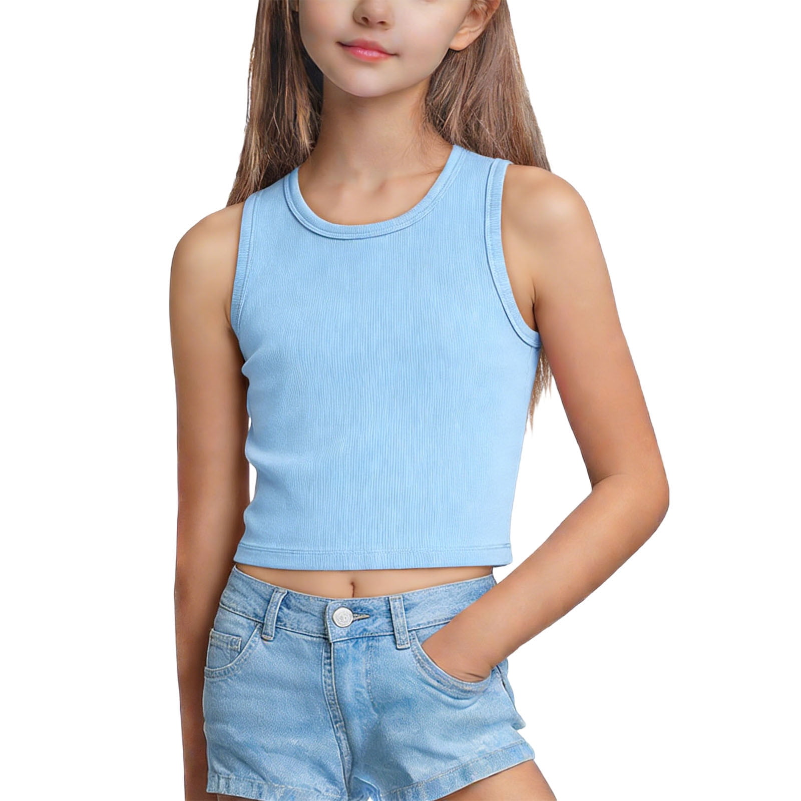 Girls Sports Tank Tops Sleeveless Summer Crop Crew Neck Knit Shirts ...