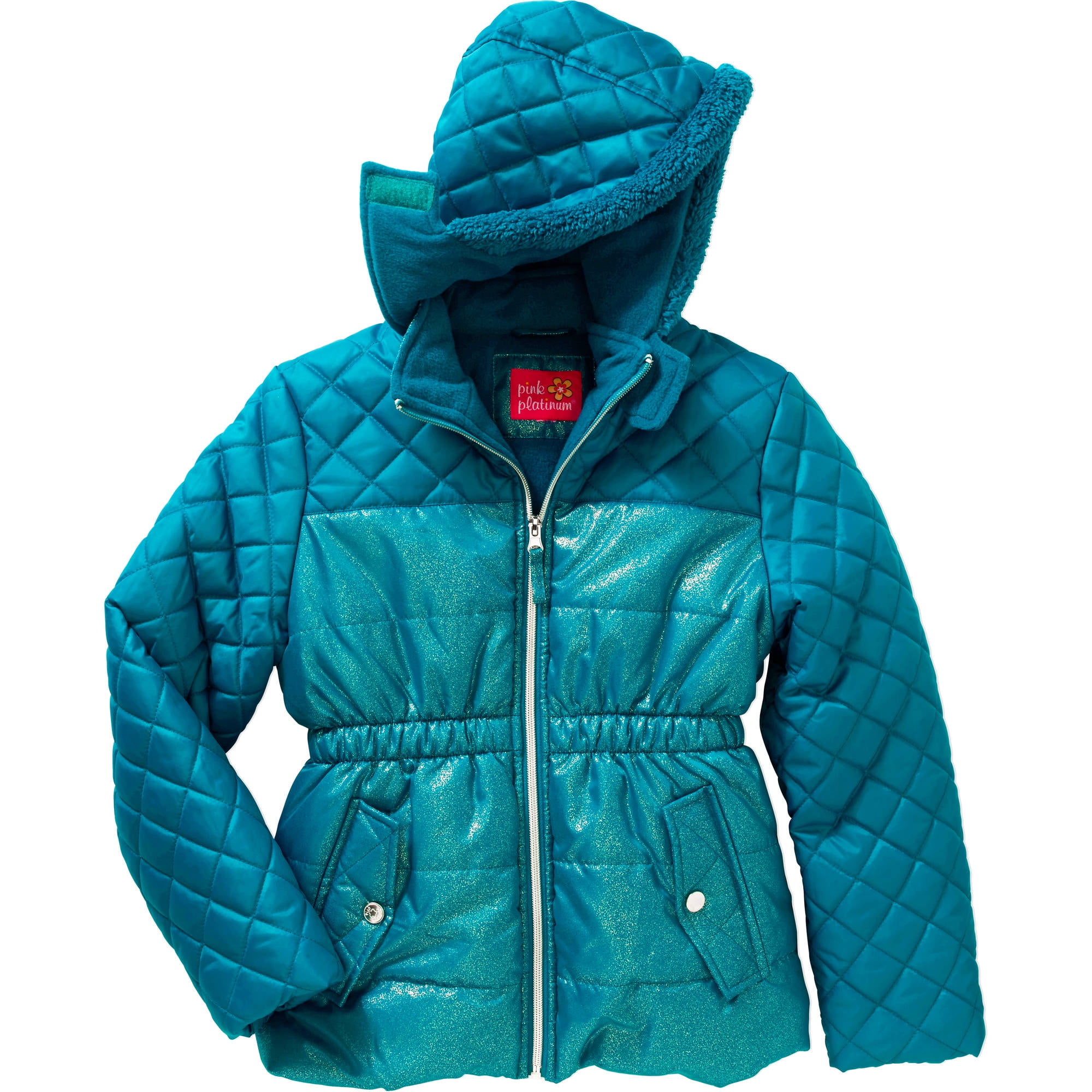 Girls' Spray Foil Quilted Puffer Jacket with Pockets and Faux Fur ...