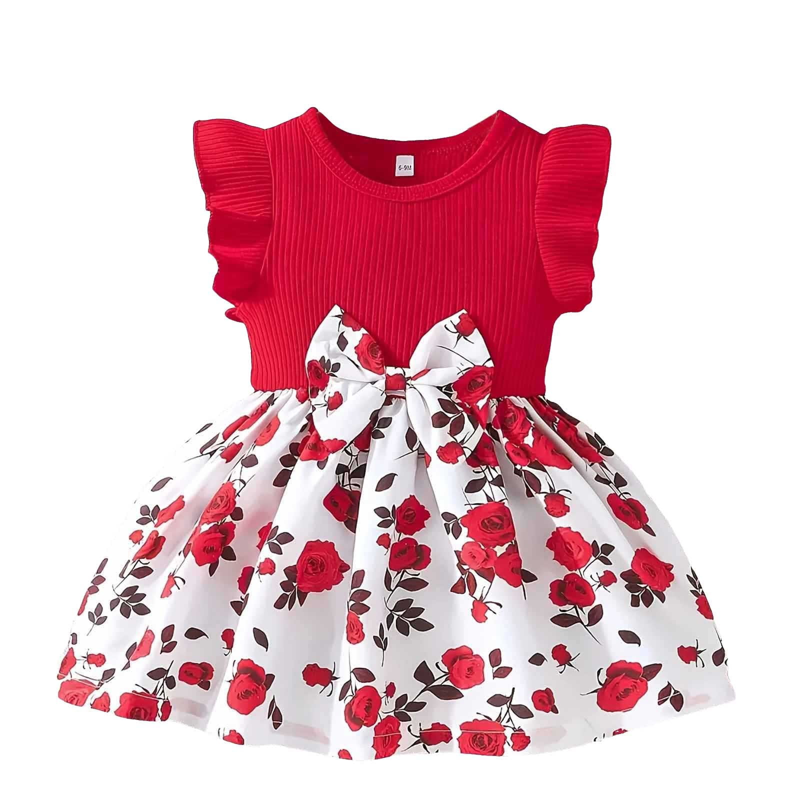 Girls Spring Dress Summer Flutter Sleeve Dress With Bow Patchwork Rose ...