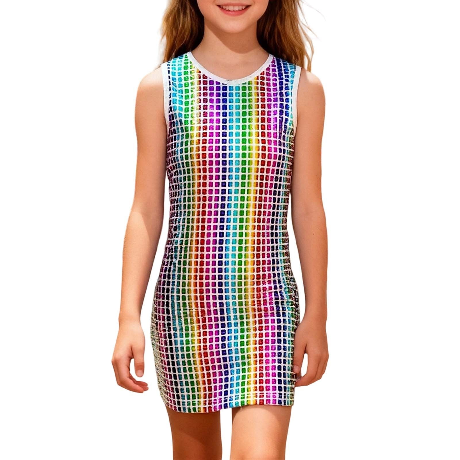 Girls Square Grid Sequin Print Sleeveless Tank Casual Party Dress ...