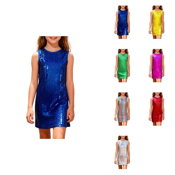 Girls Square Grid Sequin Print Sleeveless Tank Dress, Round Neck Short ...