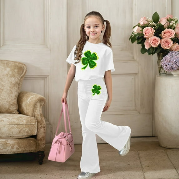Girls St. Patrick’s Day Clover 2-Piece Outfit – Short Sleeve Top ...