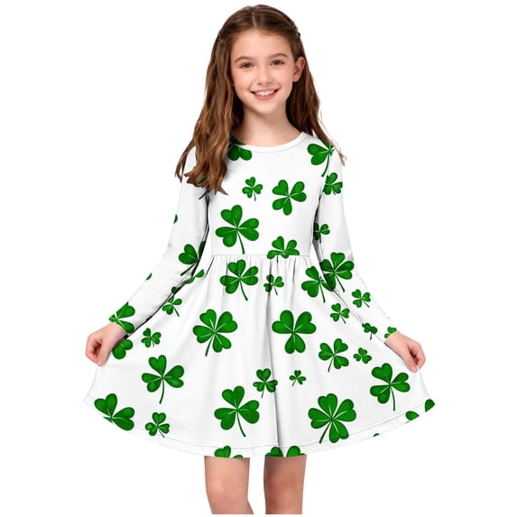 Girls St Patrick's Day Dress Green Clover Print Long Sleeve A-Line ...