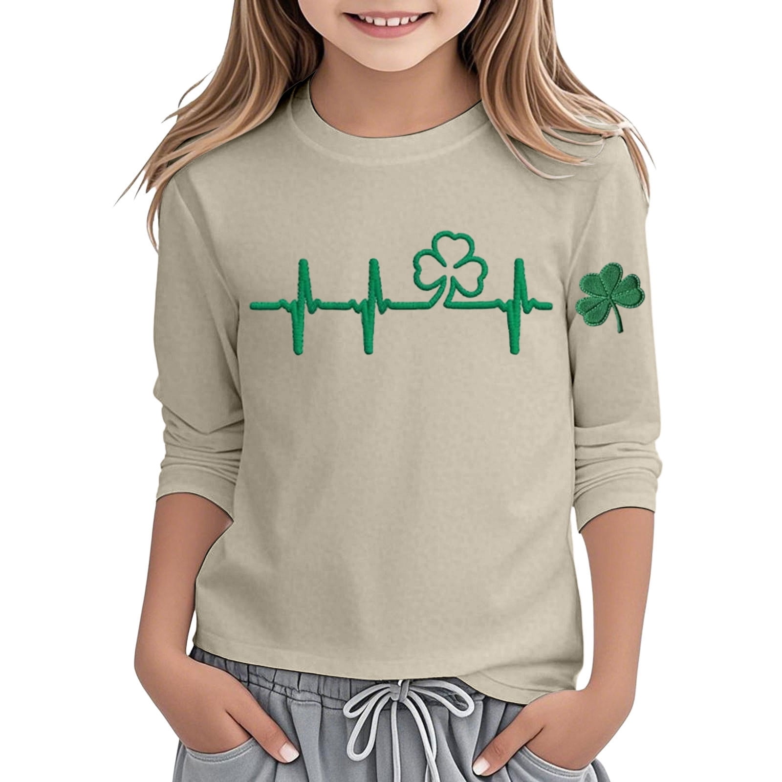 Girls St. Patrick's Day Print 3/4 Sleeve Top Clover Heartbeat Print ...
