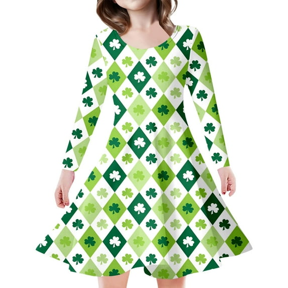 Girls' St. Patrick's Day Printed Dress，Long Sleeve Party Princess Style ...