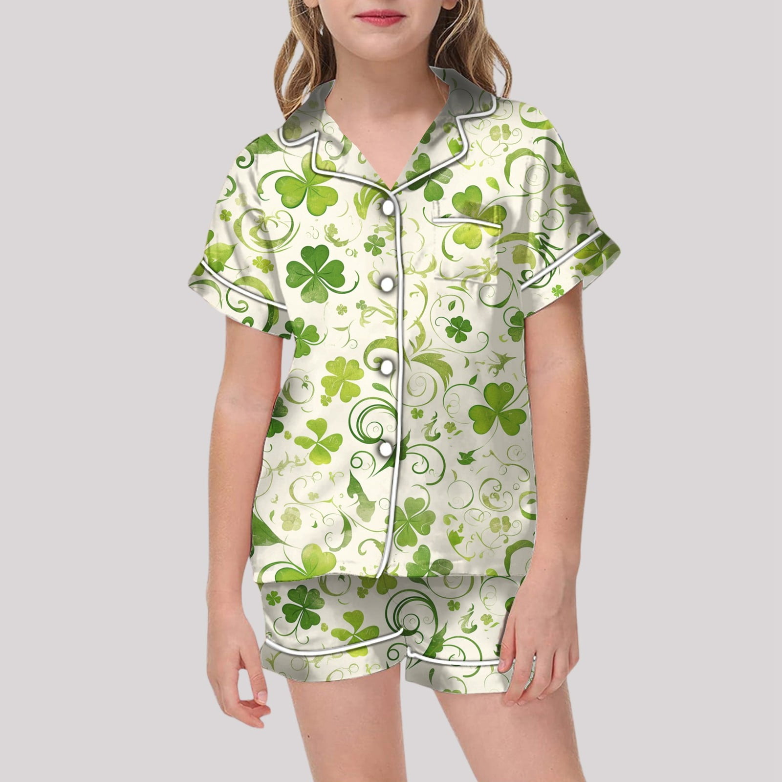Girls' St. Patrick's Day Printed Pajamas Short Sleeved Button Top Shorts Home Pajamas Set Size ...