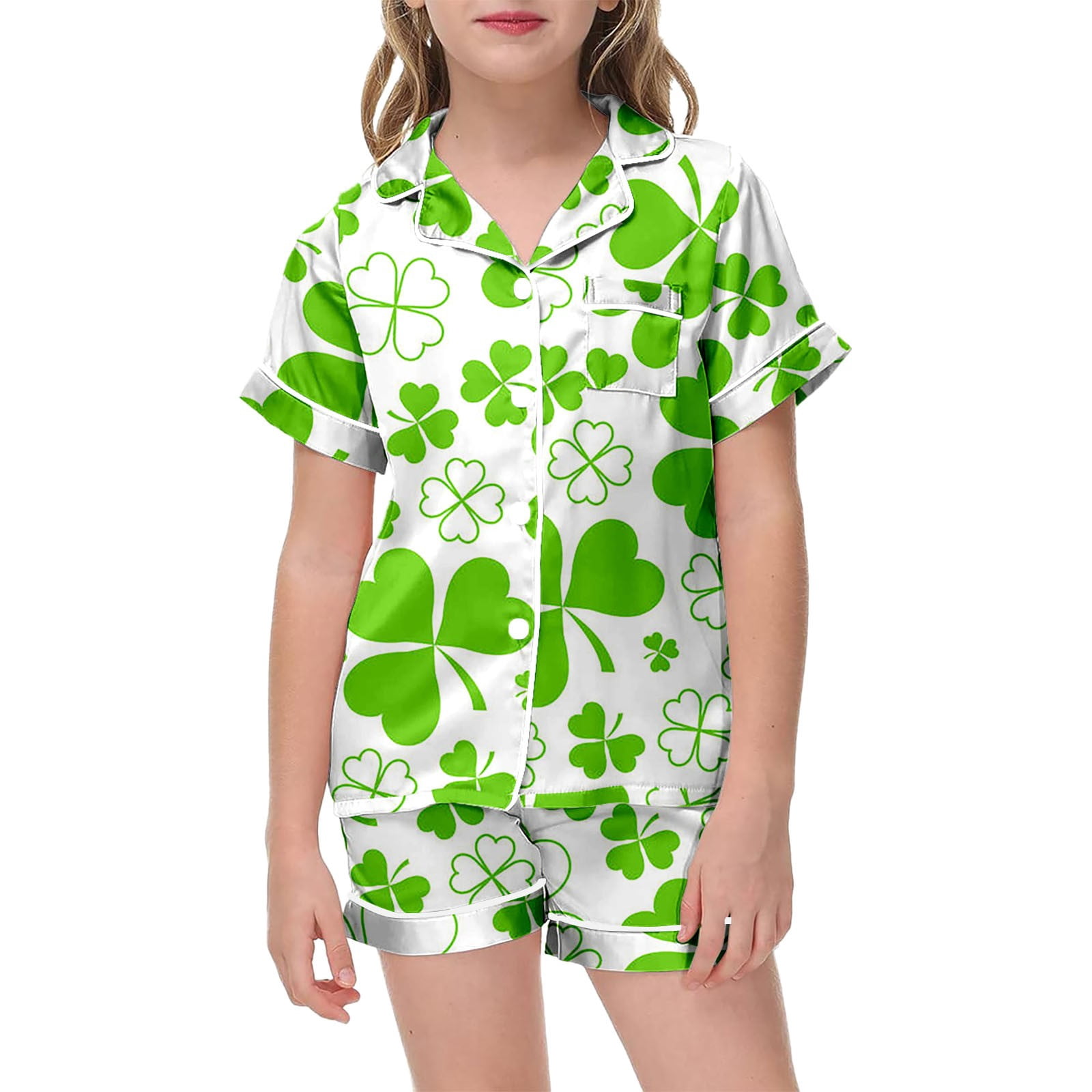 Girls St. Patrick's Day Satin Pajamas Set Green Clover Printed Short Sleeve Button Collar Tops ...