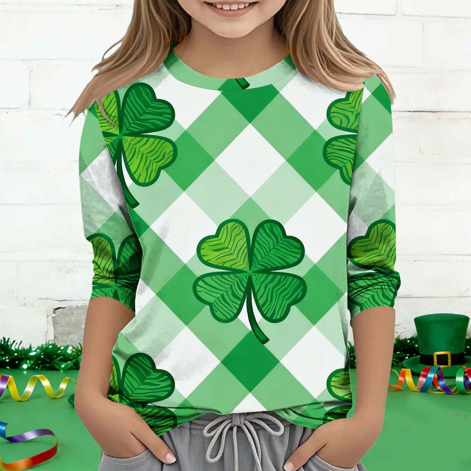 Girls St Patrick's Day Shirt 3/4 Sleeve Green Top with Shamrock ...