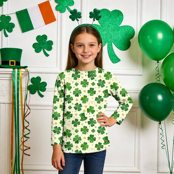Girls St. Patrick's Day Shirt 3/4 Sleeve Round Neck Green Shamrock ...