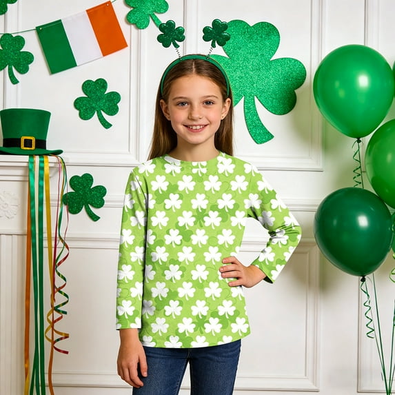 Girls St Patricks Day Shirt 3/4 Sleeve Colorful Shamrock Print Tee ...